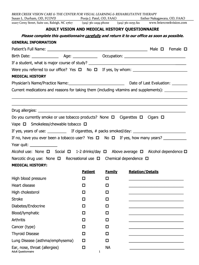 Fillable Online Adult Vision and Medical History Form Fax Email Print ...