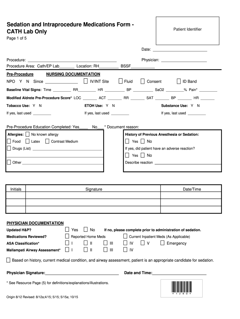 Fillable Online Sedation and Intraprocedure Medications Form CATH Lab ...
