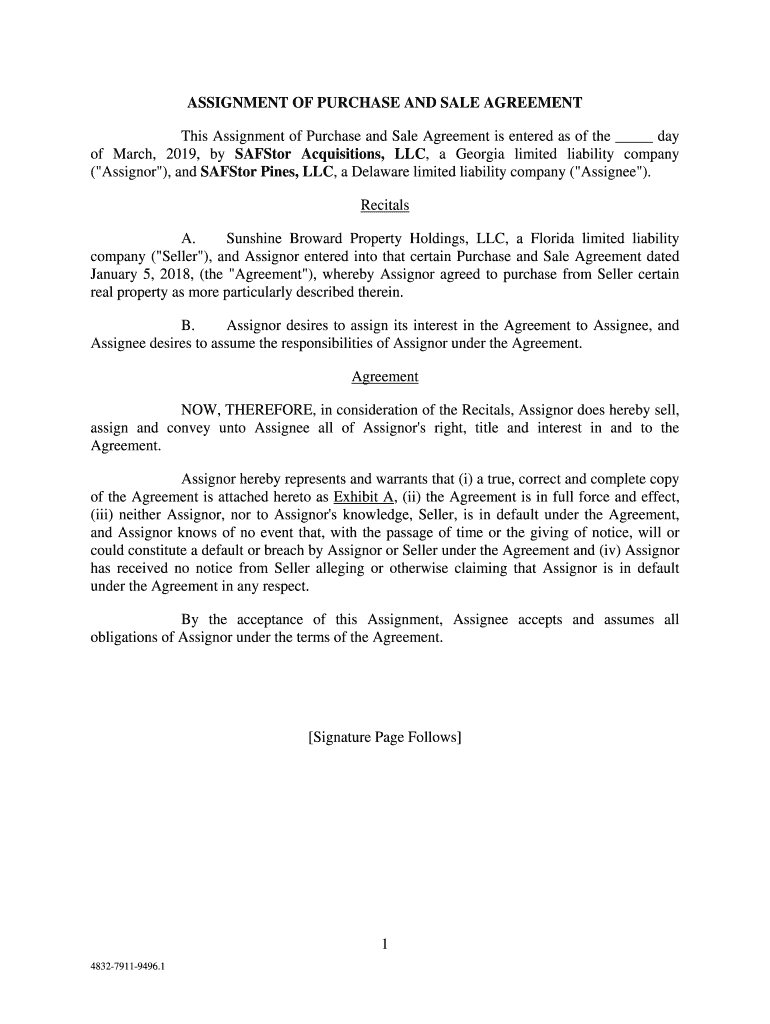 Fillable Online 1 ASSIGNMENT OF PURCHASE AND SALE AGREEMENT This ...