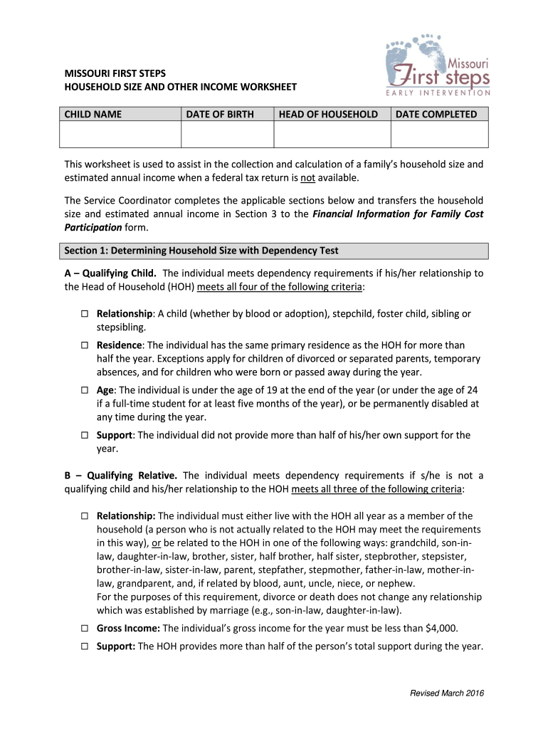 Fillable Online Missouri First Steps Household Size and Other Income ...