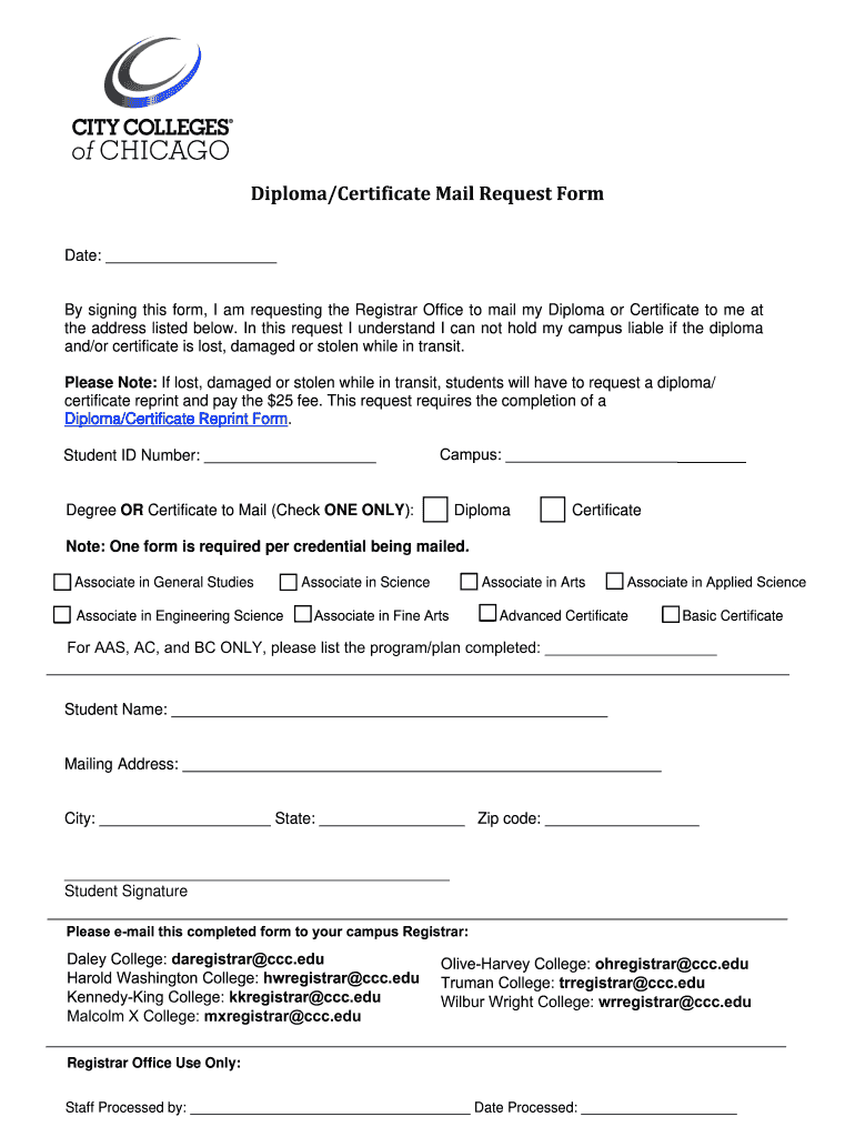Fillable Online Diploma/Certificate Mail Request Form Fax Email Print - pdfFiller