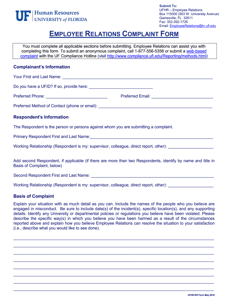Fillable Online employee relations complaint form - UF Human Resources ...