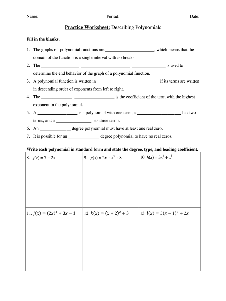 Fillable Online Practice Worksheet: Describing Polynomials Fax Email ...