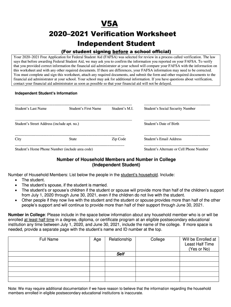 Fillable Online 20202021 V5A Verification Worksheet Fax Email Print - pdfFiller