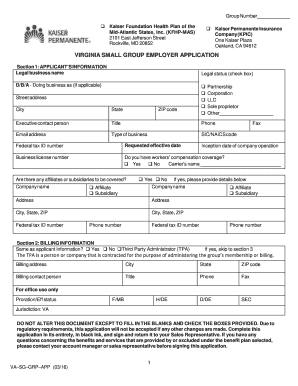 Fillable Online Kaiser Permanente 2017 Small Group Employer Application ...