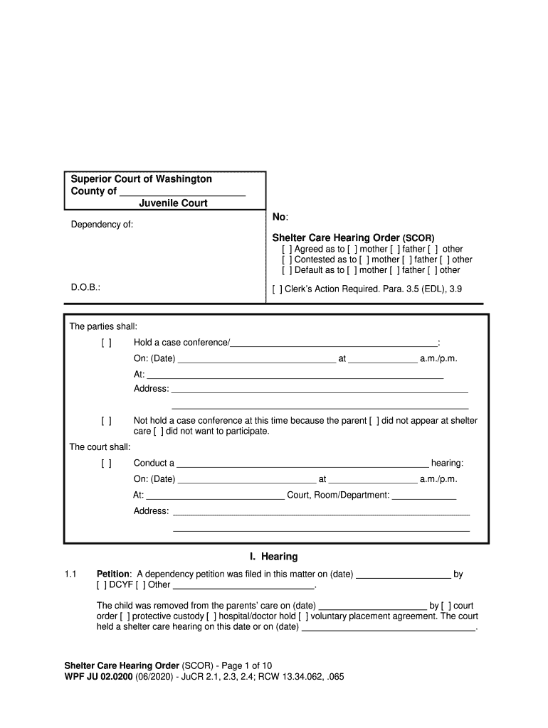 Fillable Online Form WPF JU02.0200 "Shelter Care Hearing Order (Scor ...