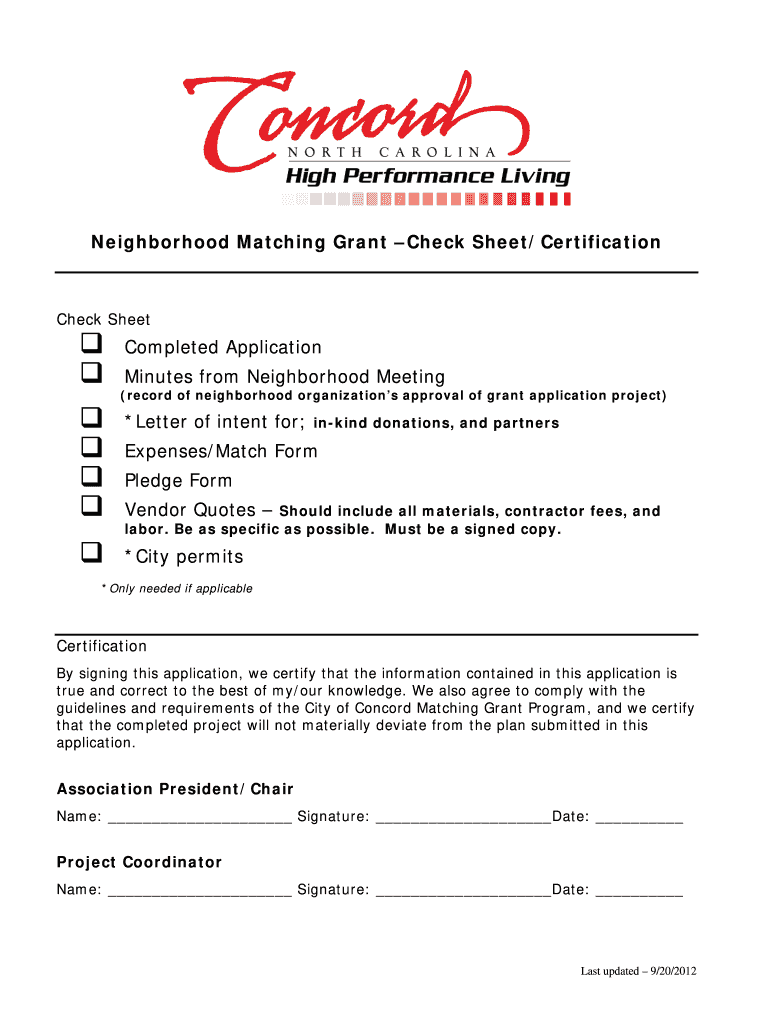 Fillable Online Neighborhood Matching Grant Check Sheet/Certification ...