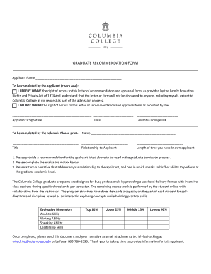 Fillable Online GRADUATE RECOMMENDATION FORM - Columbia College Fax ...