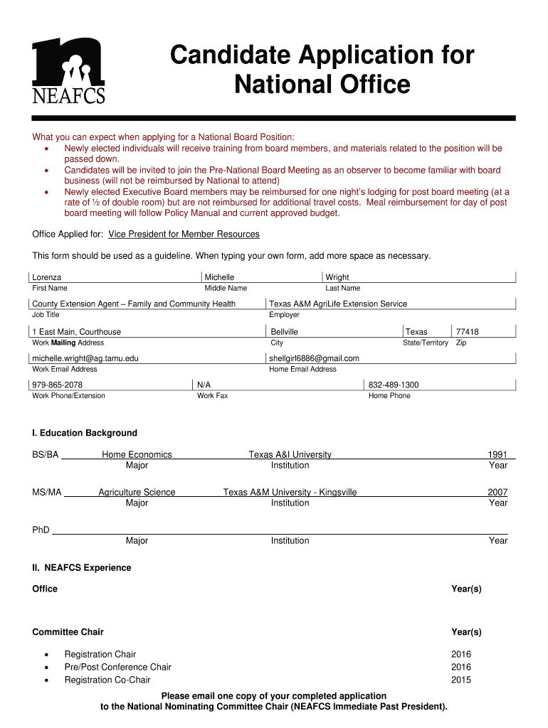 Fillable Online Candidate Application for National Office - neafcs Fax ...