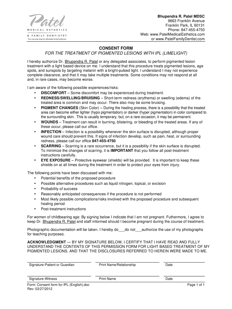 Fillable Online consent form for the treatment of pigmented lesions ...