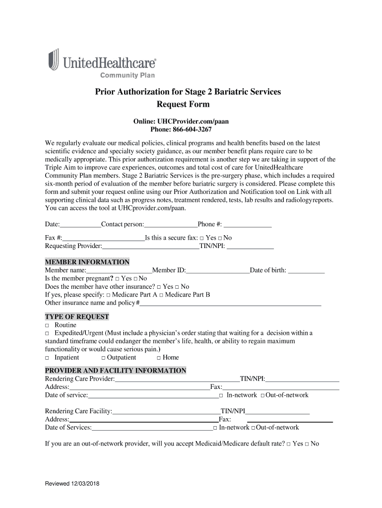 United Healthcare Bariatric Surgery Prior Authorization Form - Fill ...