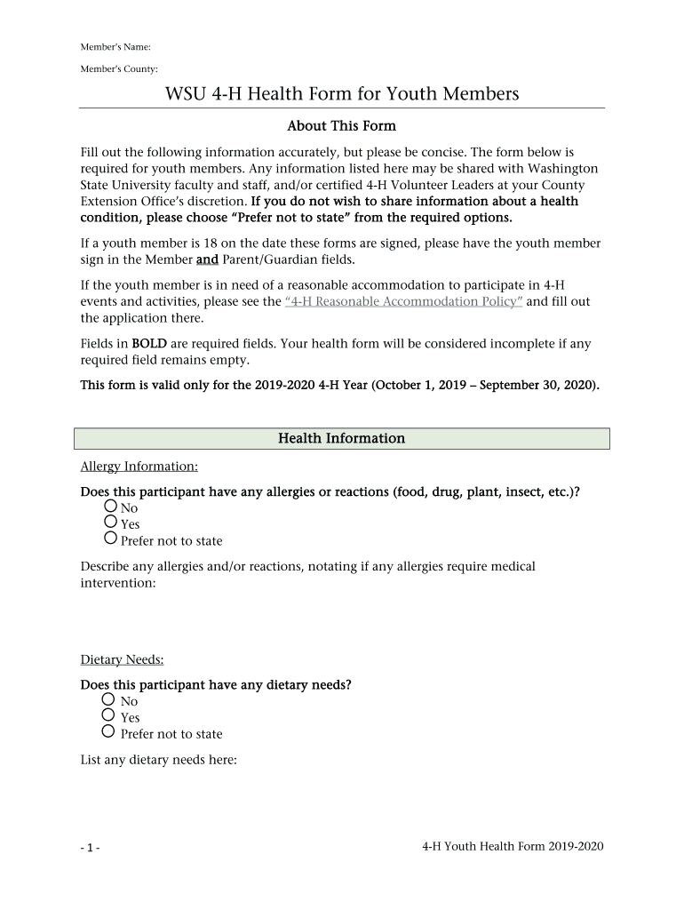 Fillable Online Members County: WSU 4-H Health Form for Youth Members ...