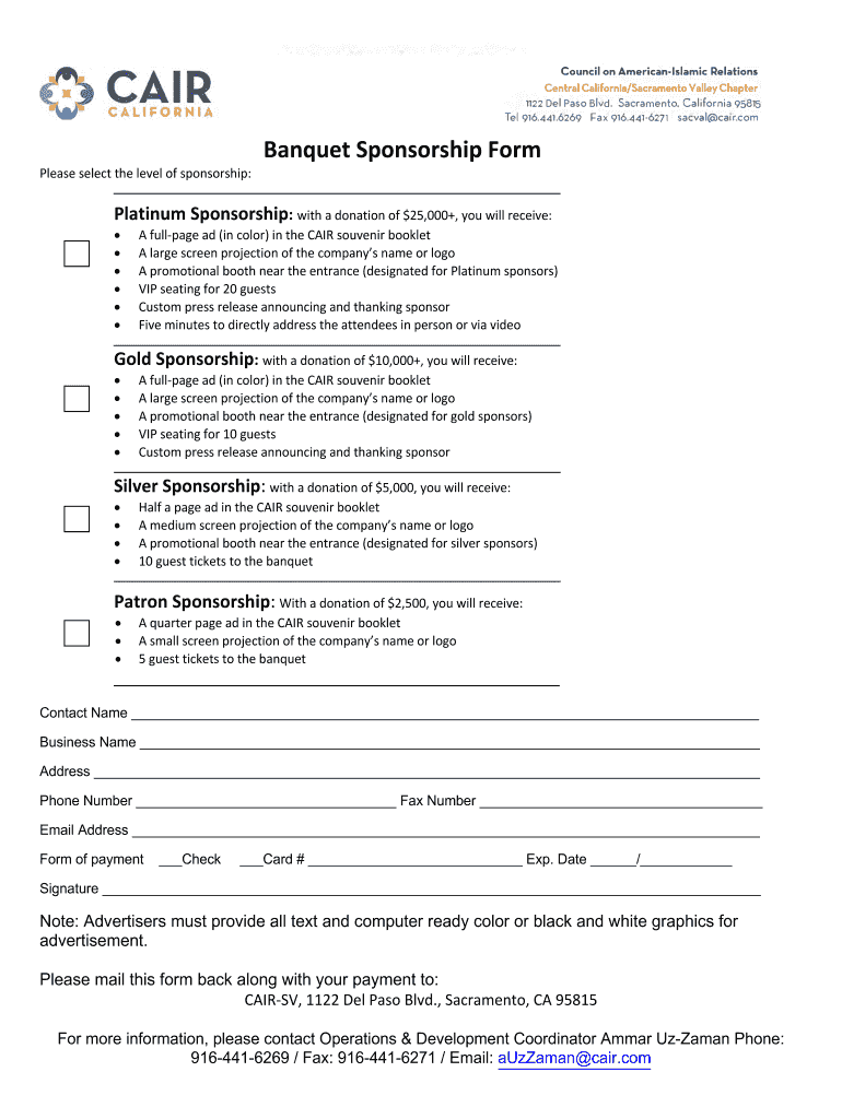 Fillable Online CAIR 2018 Banquet Sponsor Form.docx Fax Email Print ...