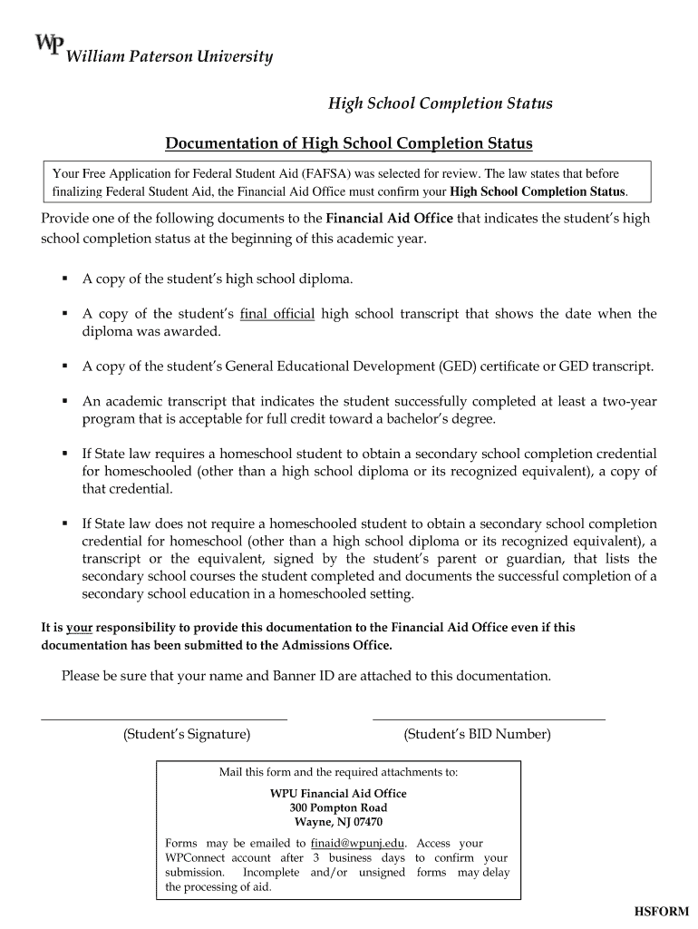 Fillable Online Documentation of High School Completion Status ...
