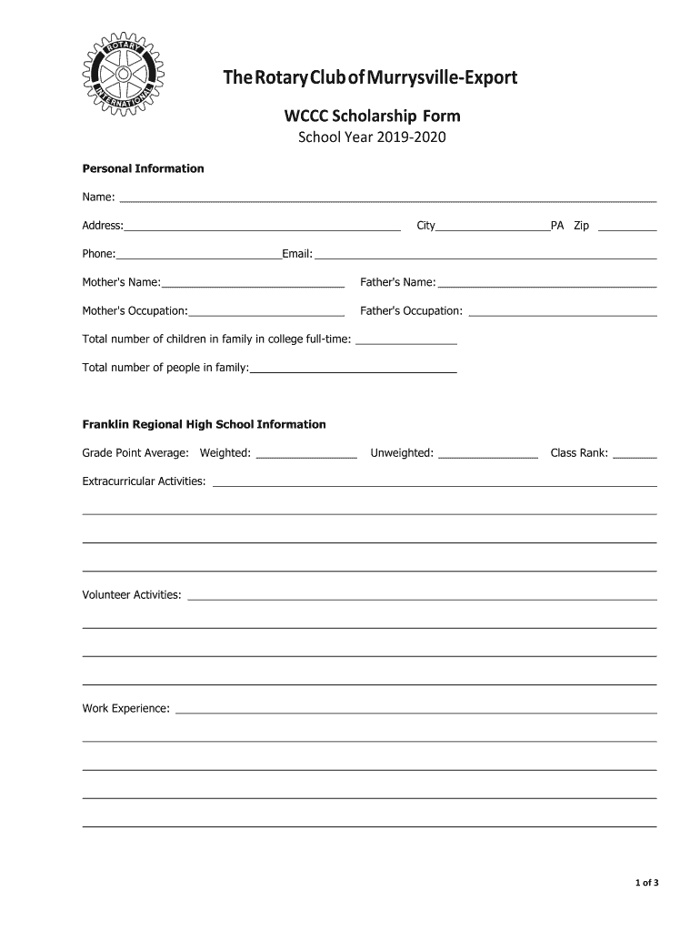 Fillable Online The Rotary Club of MurrysvilleExport WCCC Scholarship ...