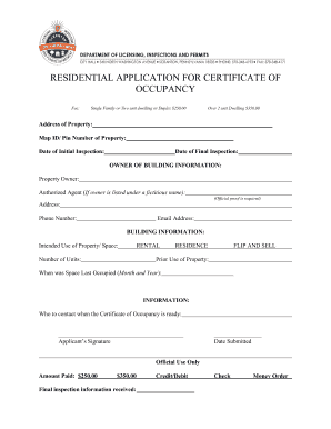 Fillable Online RESIDENTIAL APPLICATION FOR CERTIFICATE OF OCCUPANCY ...