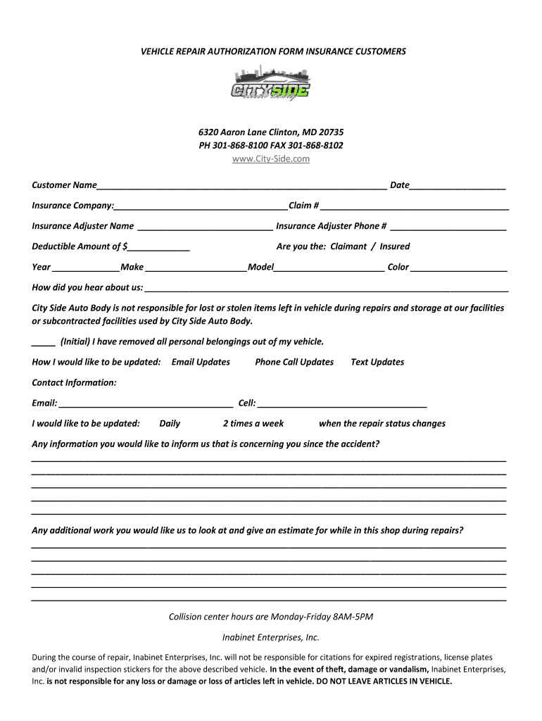 Fillable Online Vehicle Repair Authorization Form Insurance Customers ...