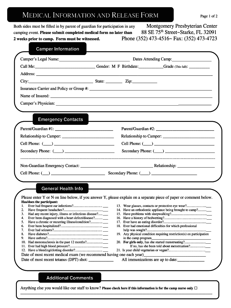 Fillable Online PDF Summer Camp Consent Form Fax Email Print - pdfFiller