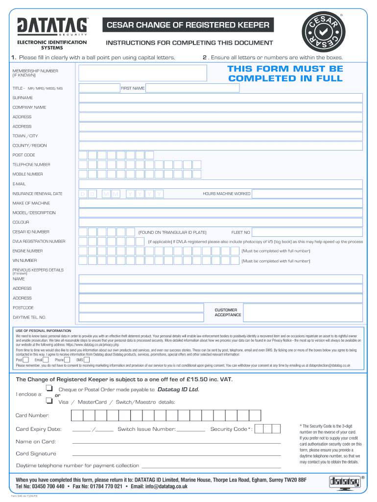 Fillable Online CESAR CHANGE OF REGISTERED KEEPER Fax Email Print ...
