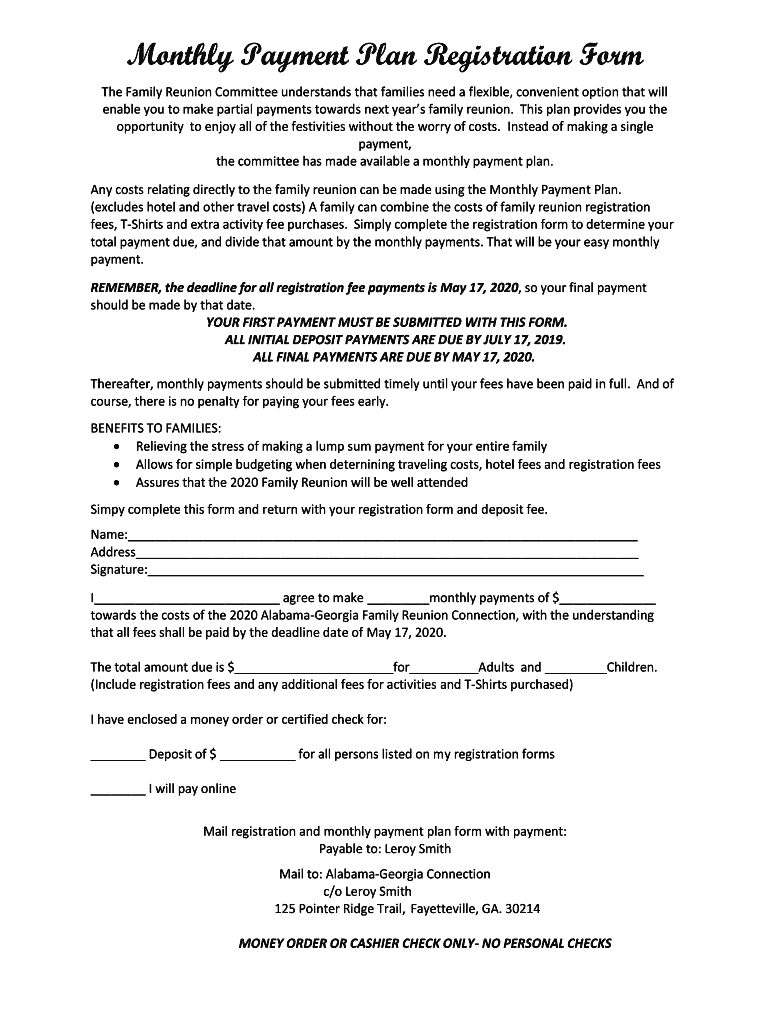 Fillable Online Family Reunion Payment Plan Form - Fill Online ...