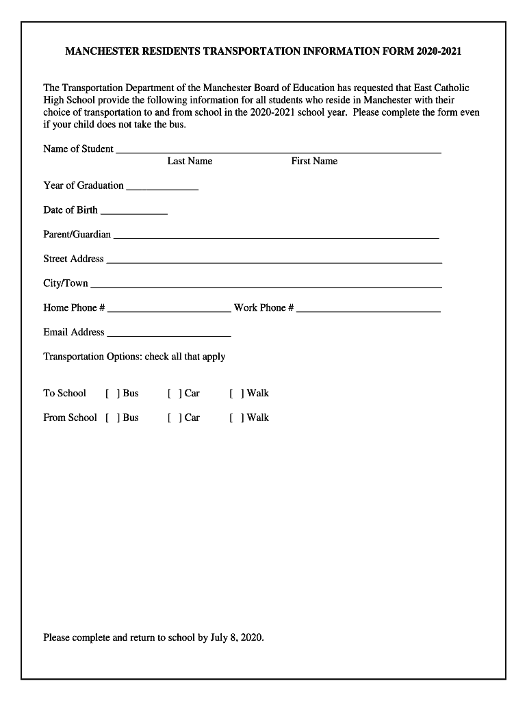 Fillable Online MANCHESTER RESIDENTS TRANSPORTATION INFORMATION FORM ...