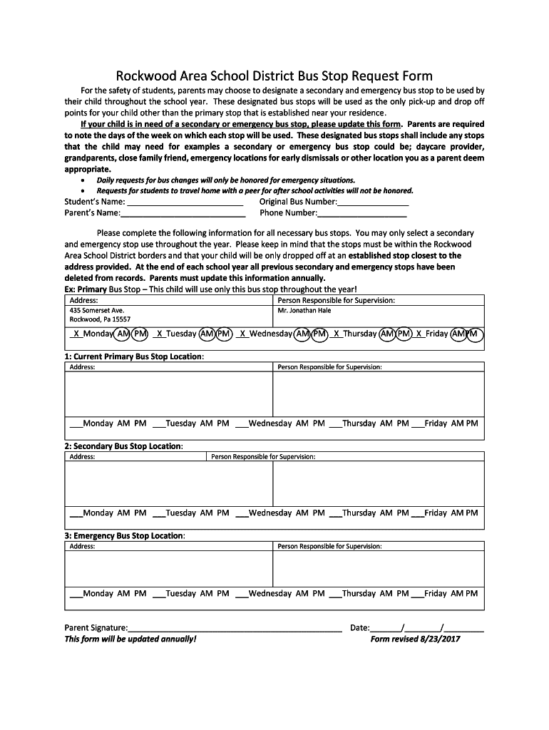 Fillable Online Rockwood Area School District Bus Stop Request Form Fax ...