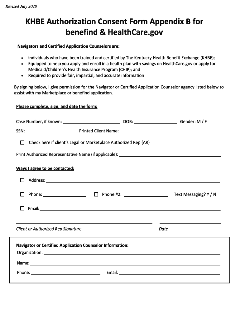 Fillable Online KHBE Authorization Consent Form Appendix B for benefind ...