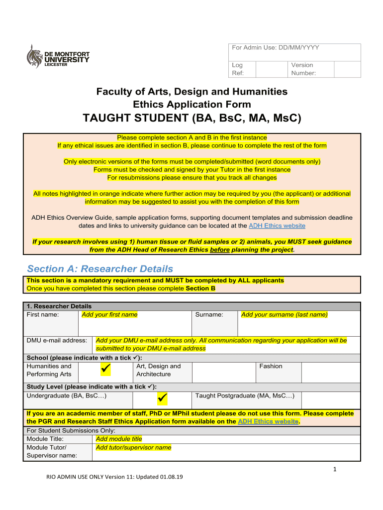 Fillable Online ADH Sample Ethics Form - Taught 19-20 v2 - De Montfort ...