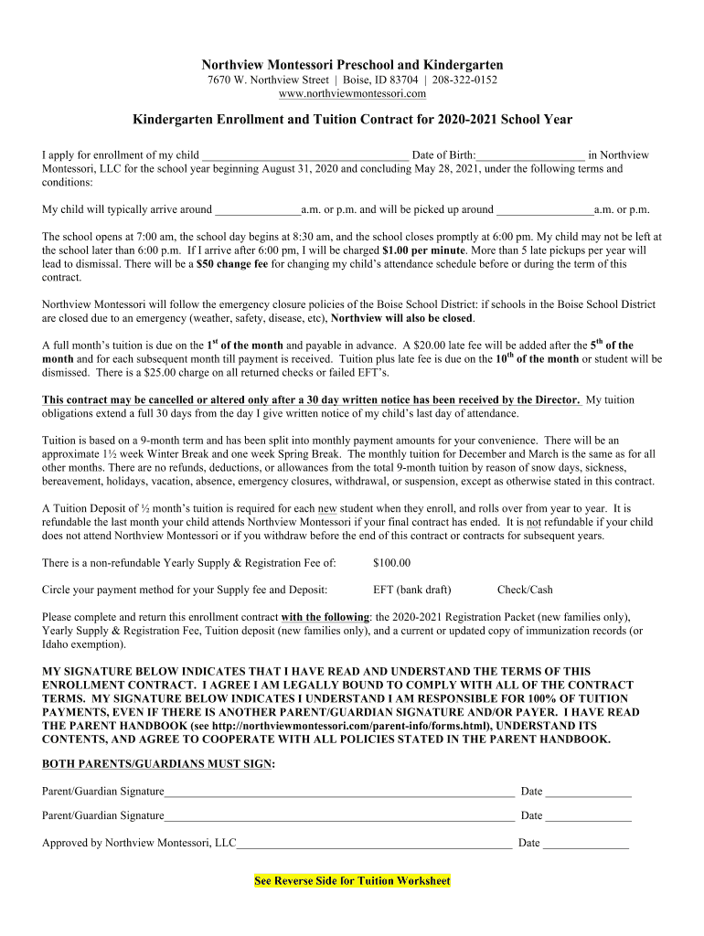 Fillable Online 2020-2021 Kindergarten Contract plus Tuition Worksheet ...