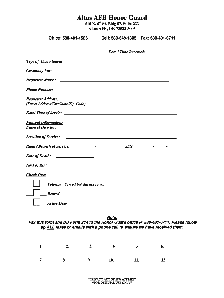 Fillable Online Honor Guard Request Form Fax Email Print - pdfFiller