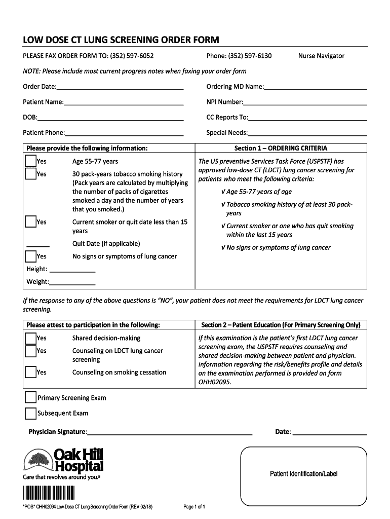 Fillable Online Low Dose CT Lung Screening Order Form. Low Dose CT Lung ...