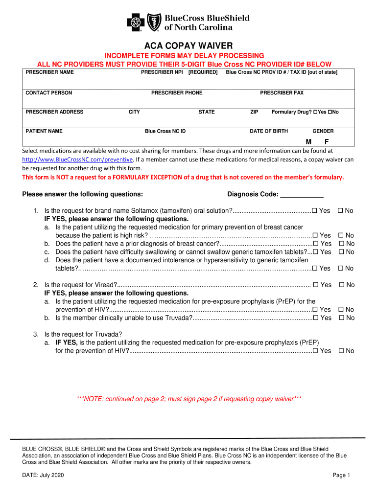 Fillable Online ACA COPAY WAIVER Fax Email Print - pdfFiller