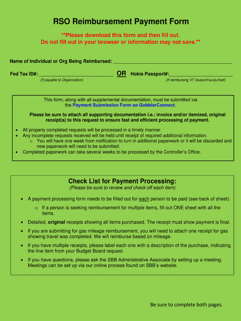 Fillable Online RSO Reimbursement Payment Form - Student Engagement and ...