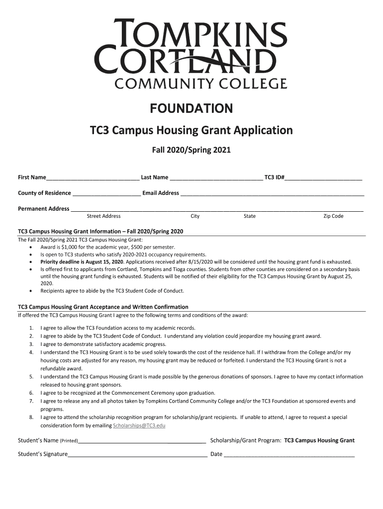 Fillable Online TC3 Campus Housing Grant Application Fax Email Print ...