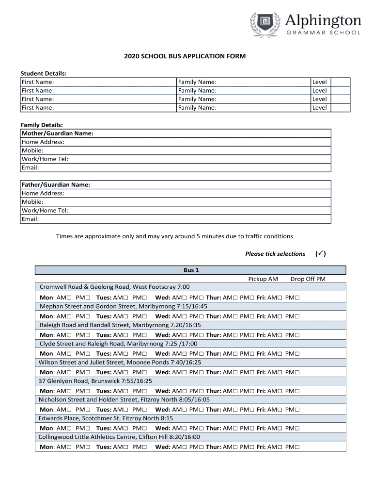Fillable Online 2020 SCHOOL BUS APPLICATION FORM Fax Email Print ...