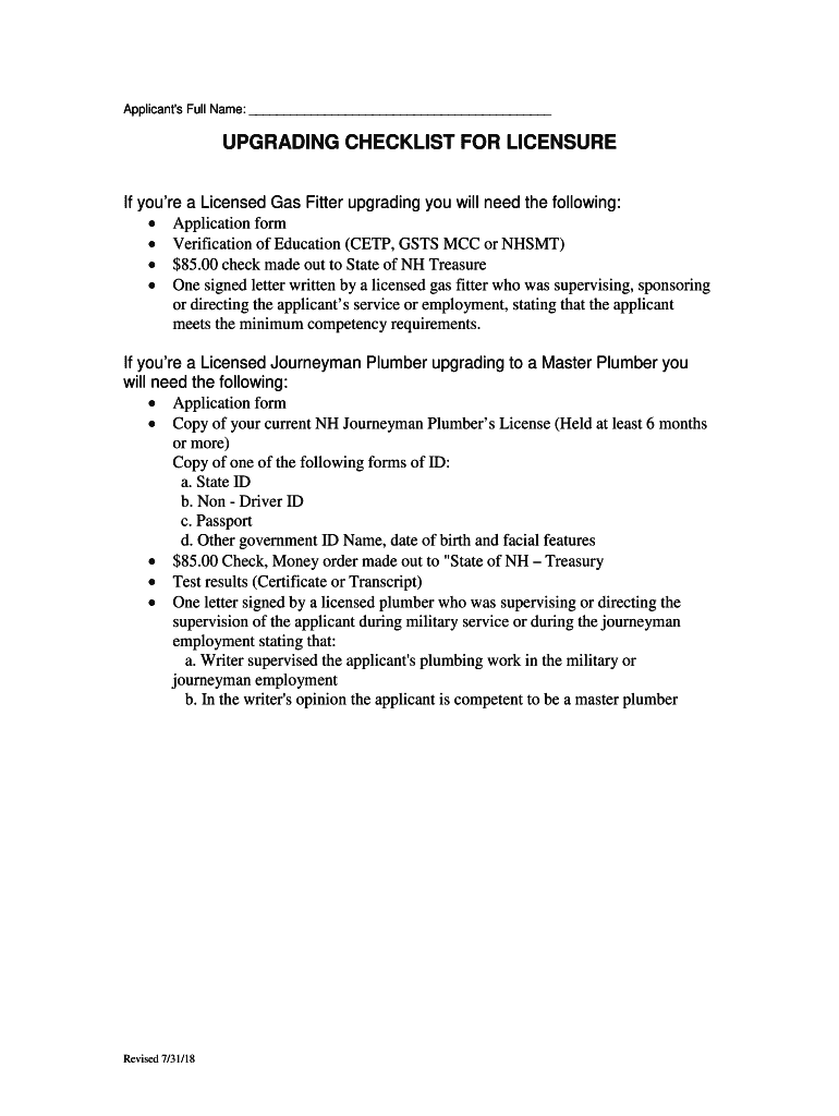 Fillable Online UPGRADING CHECKLIST FOR LICENSURE Fax Email Print - pdfFiller