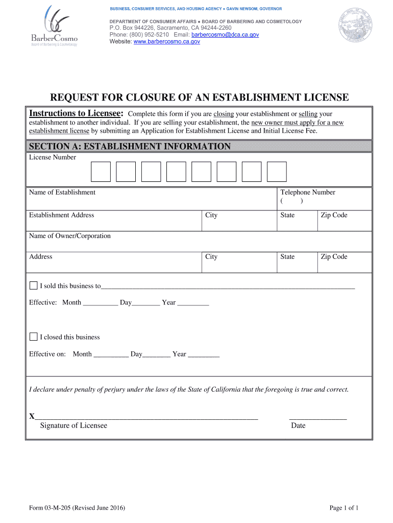 California Request for Closure of an Establishment License - Blank ...