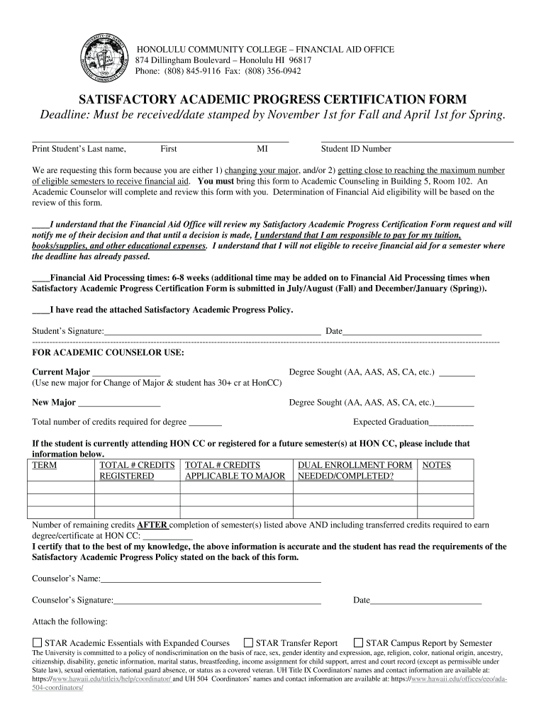Fillable Online Satisfactory Academic Progress Certification Form Fax Email Print - pdfFiller