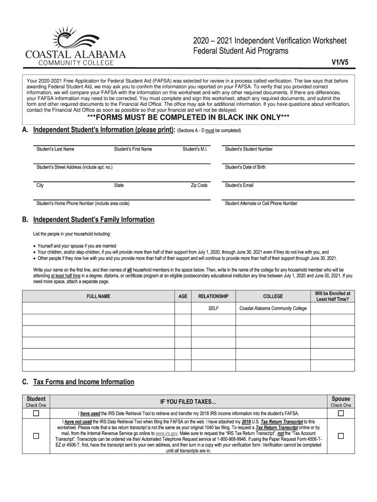 Fillable Online 2020 2021 Independent Verification Worksheet Fax Email Print - pdfFiller
