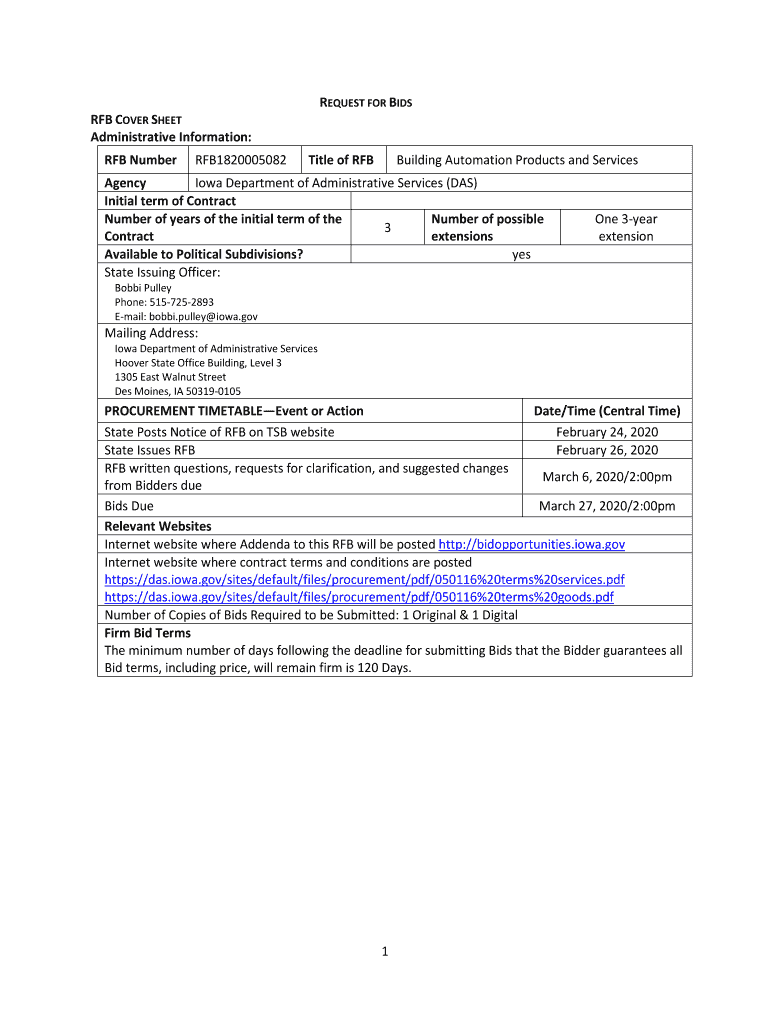 Fillable Online RFB COVER SHEET Administrative Information: RFB Number ...