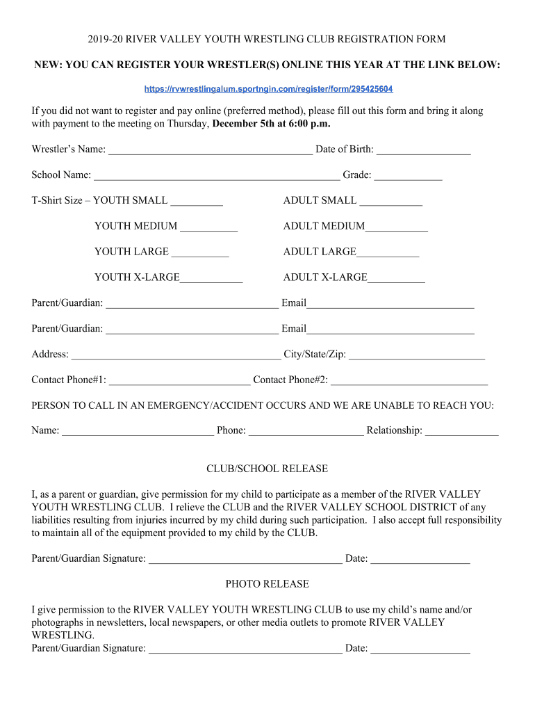Fillable Online 2019-20 RIVER VALLEY YOUTH WRESTLING CLUB REGISTRATION ...