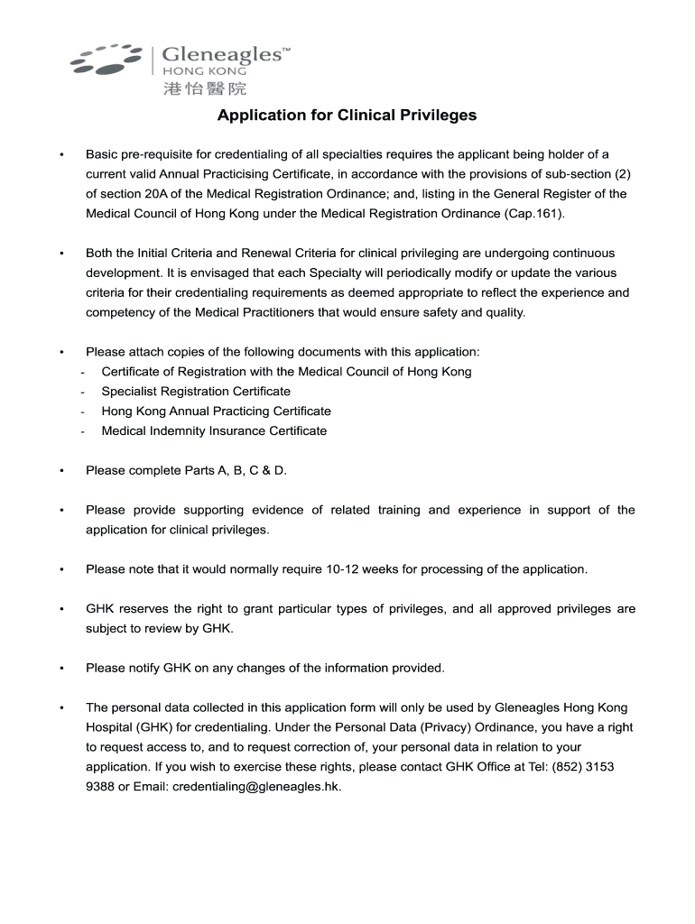 Fillable Online Application for Clinical Privileges - Gleneagles ...