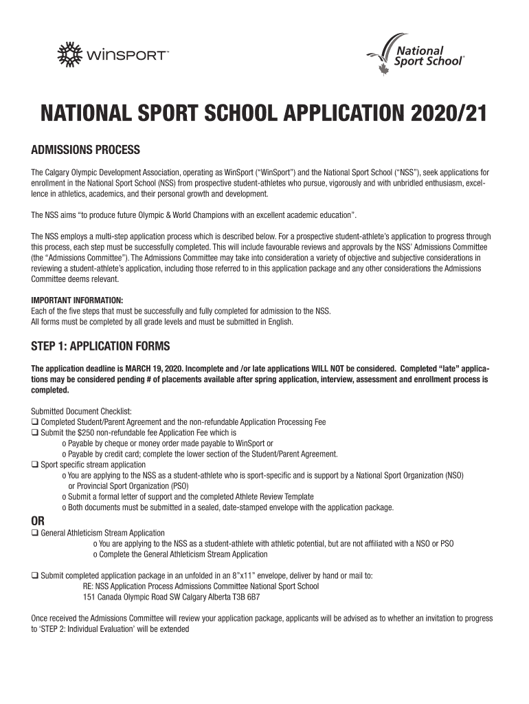 Fillable Online national sport school application 2020/21 - WinSport ...