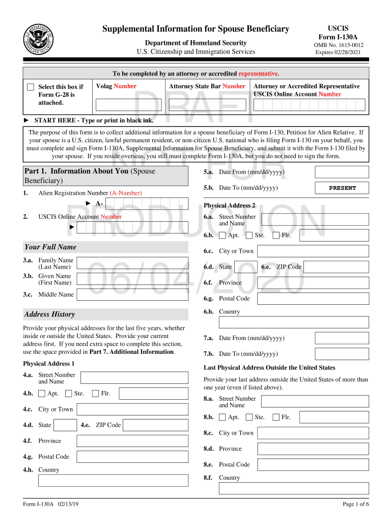 Fillable Online Form I-130A, Supplemental Information for Spouse ...