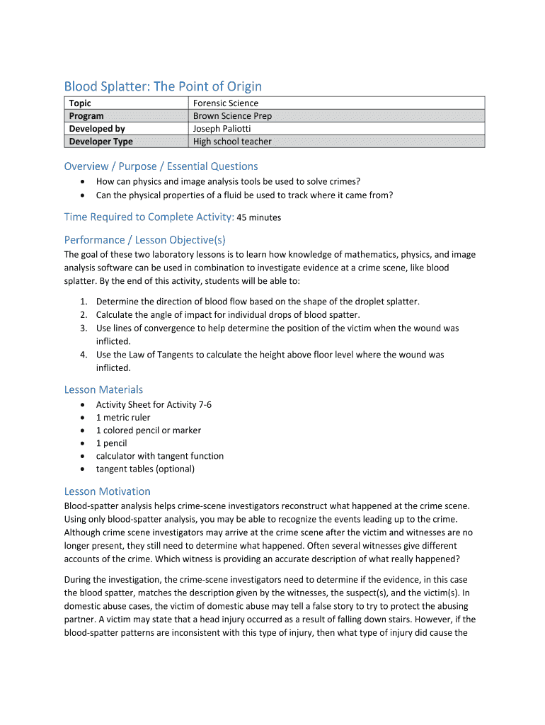 Fillable Online apps college brown SOURCE Lesson Plan, Blood Splatter ...