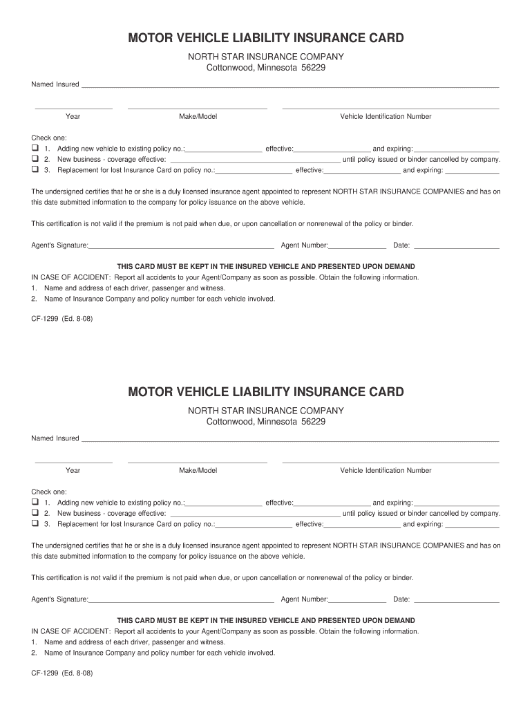 Fillable Online PDF motor vehicle liability insurance card - North Star ...