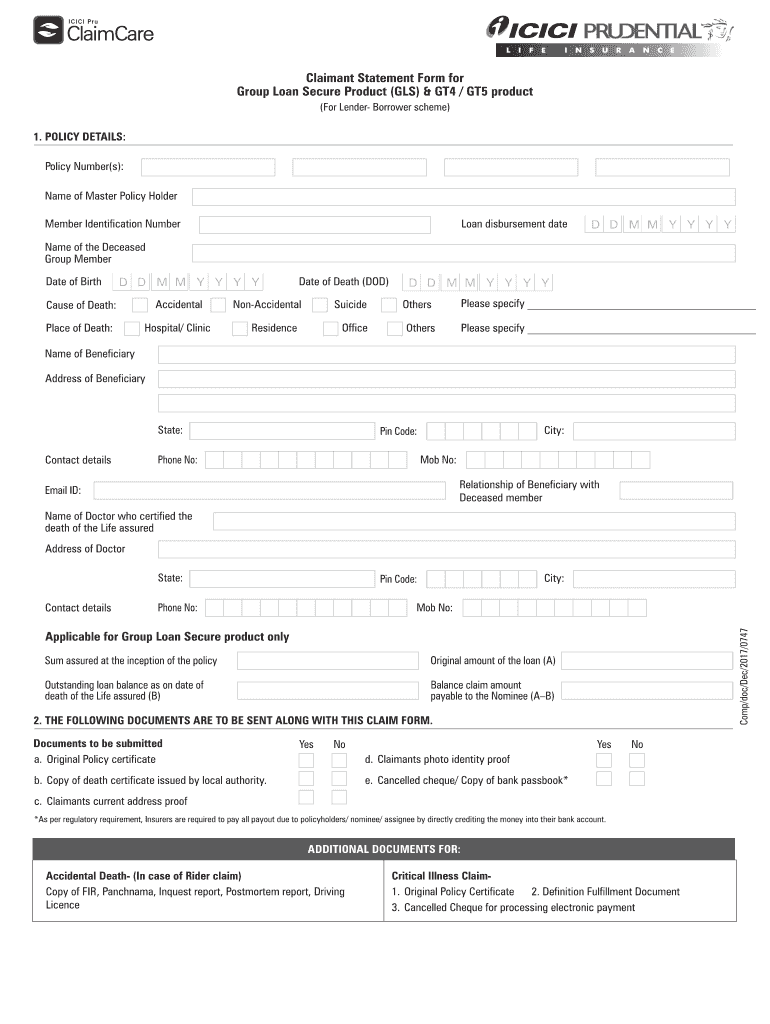 Fillable Online Claim Statement Form - Lender Borrower Group - ICICI ...