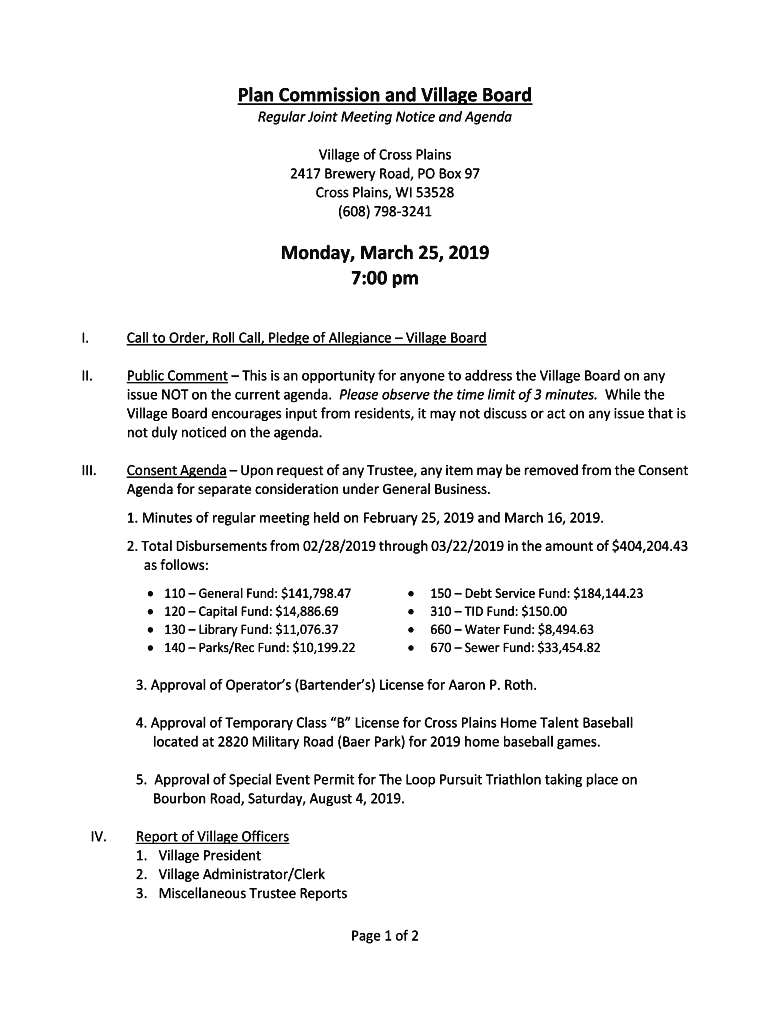 Fillable Online Call to Order, Roll Call, Pledge of Allegiance Village ...