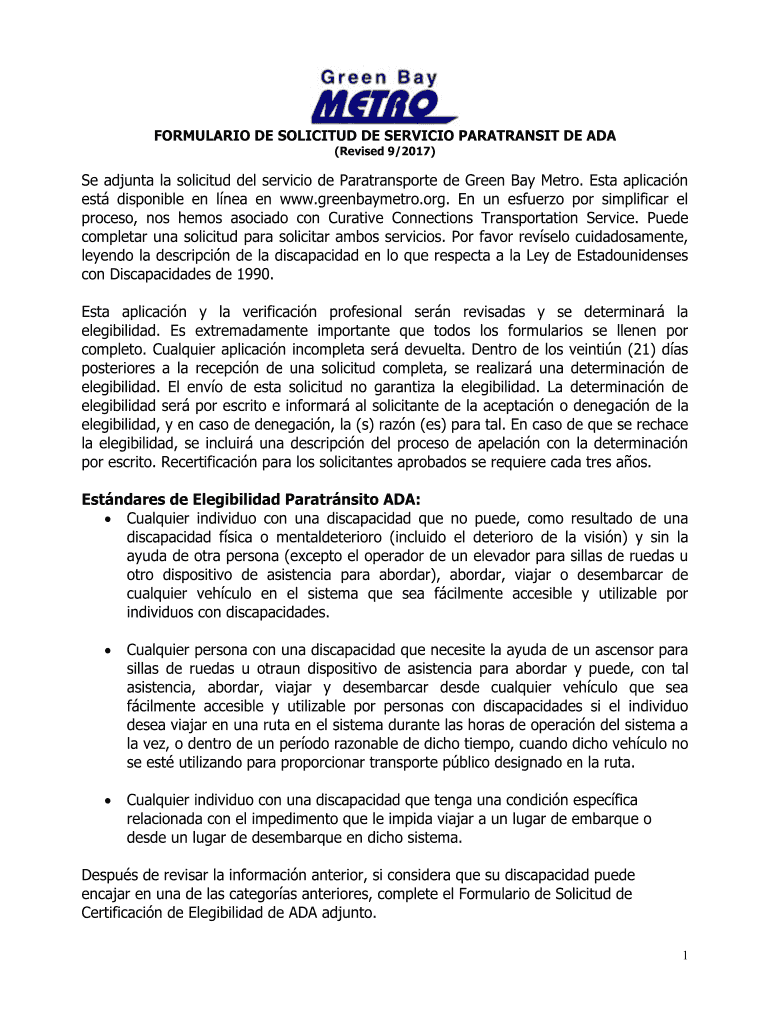 Fillable Online FORMULARIO DE SOLICITUD DE SERVICIO PARATRANSIT DE ADA ...