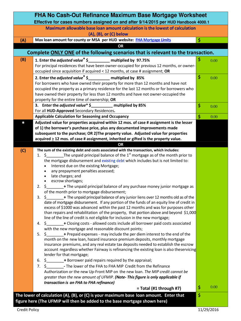 Fillable Online FHA No Cash-Out Refinance Maximum Base Mortgage ...